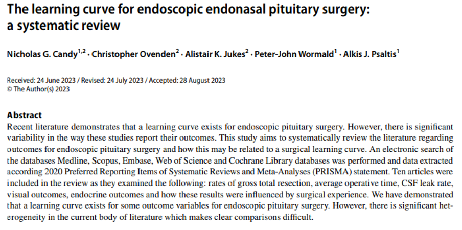 Publication | The learning curve for endoscopic endonasal pituitary surgery: a systematic review ...