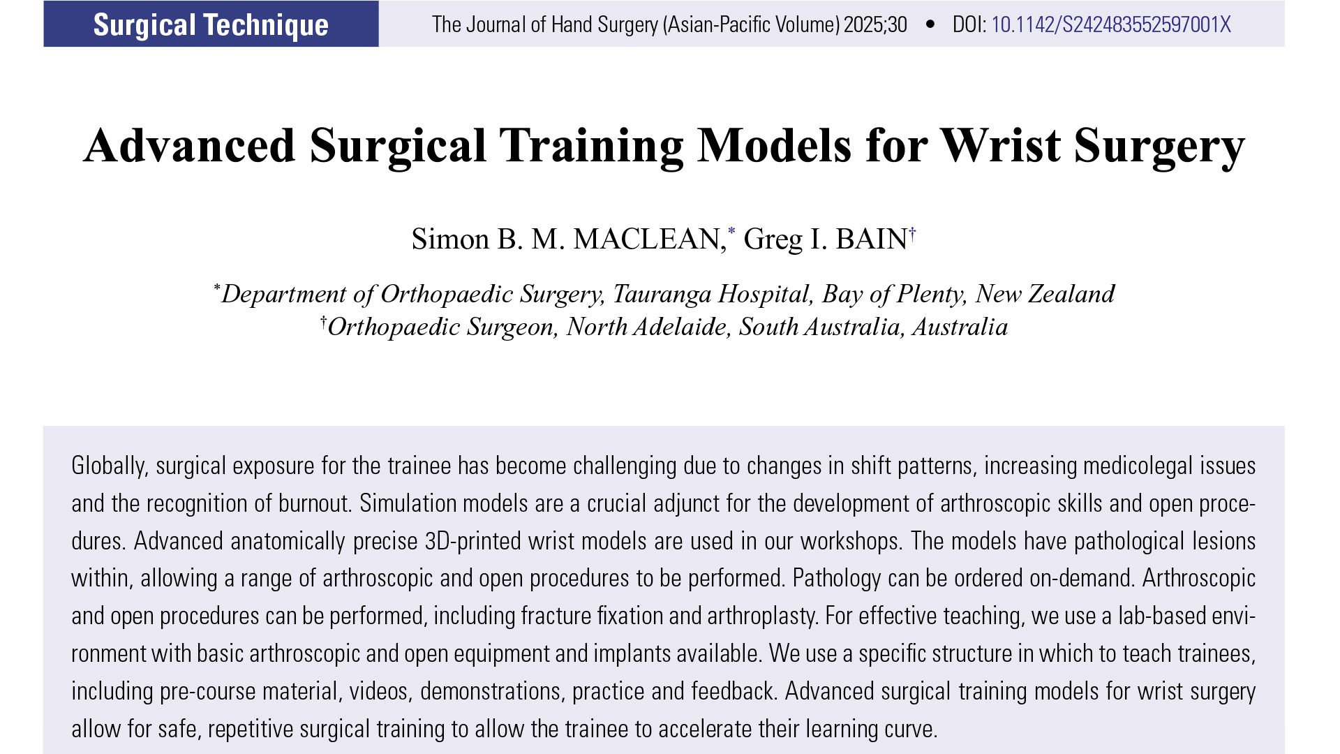 Publication | Advanced Surgical Training Models for Wrist Surgery - Fusetec